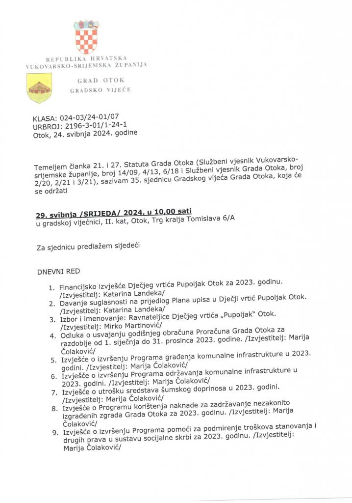 Najava: 35. sjednica Gradskog vijeća Grada Otoka | Grad Otok